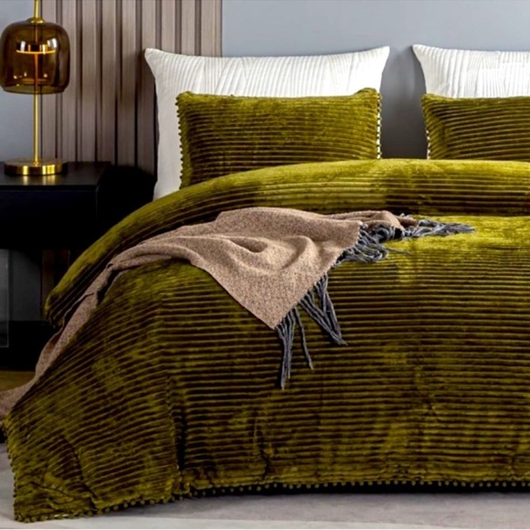 Bedding | Olive Green Velvet Comforter Set Pom Pom Bohemian Neutral ...